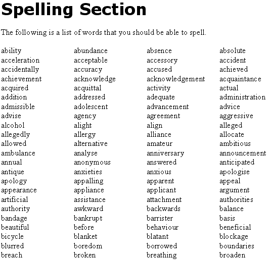 Spelling Test Words